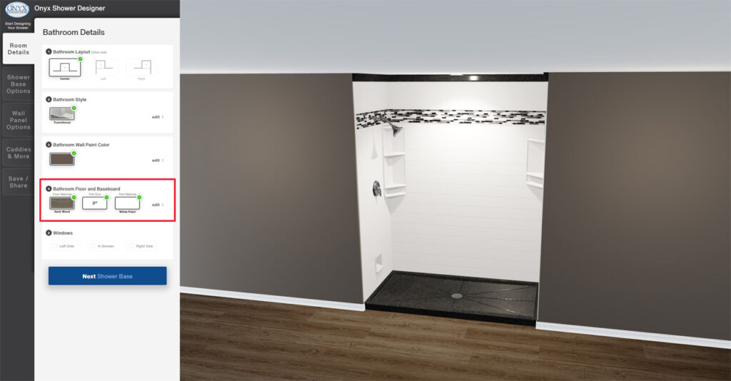 Shower Designer – New Floor and Baseboard Material Options - The Onyx ...